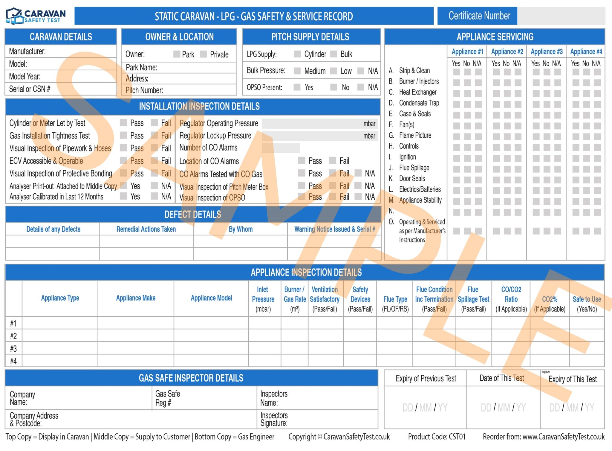 Reliable LPG Gas Test Forms For Static Caravan | CST01