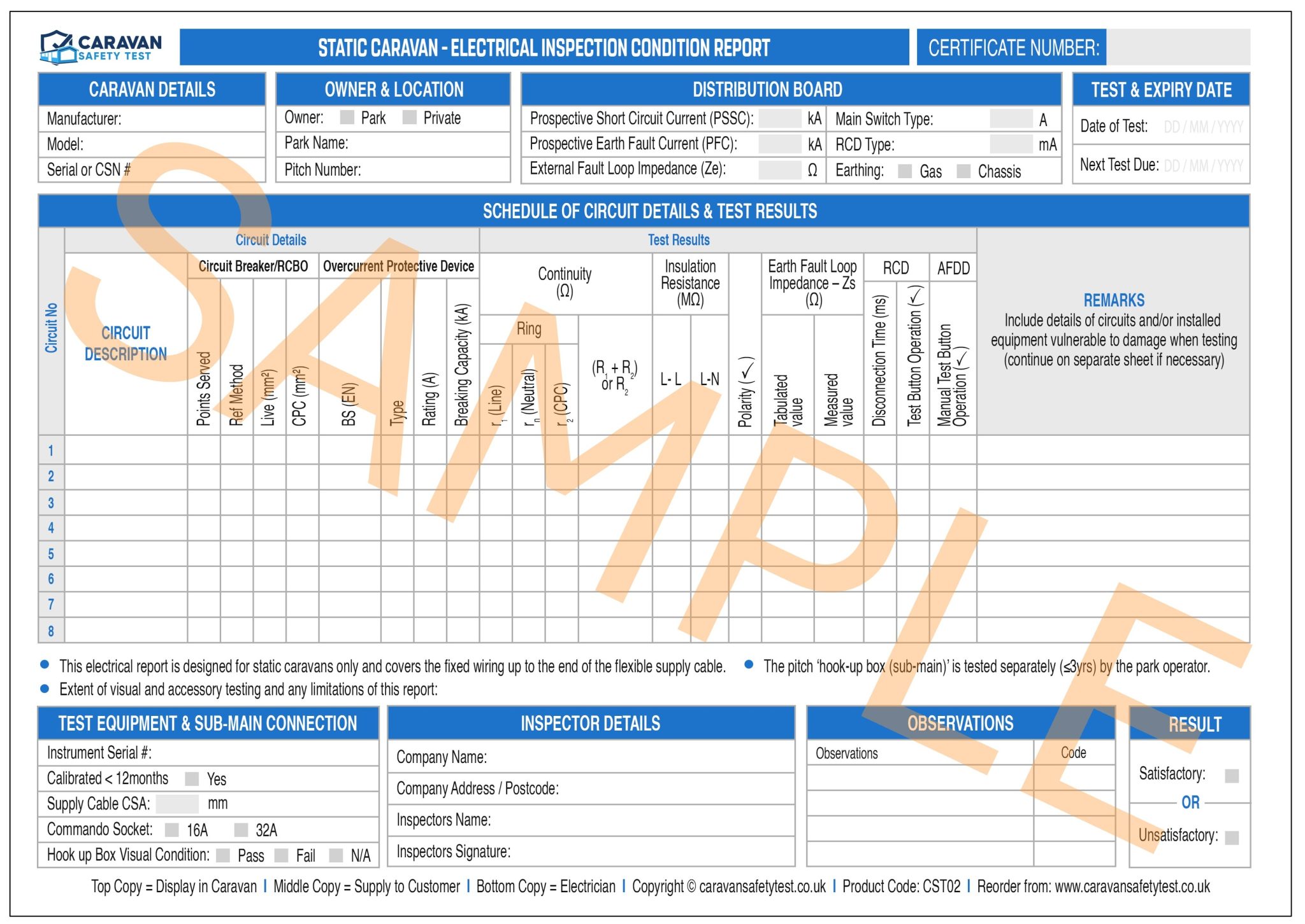 Best Unique Electrical Test Forms CST02 For Static Caravan